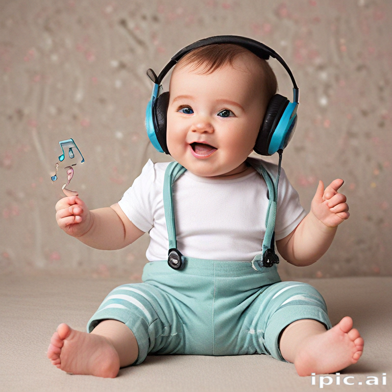 Joyful Baby Enjoying Music with Headphones and a Musical Note Toy