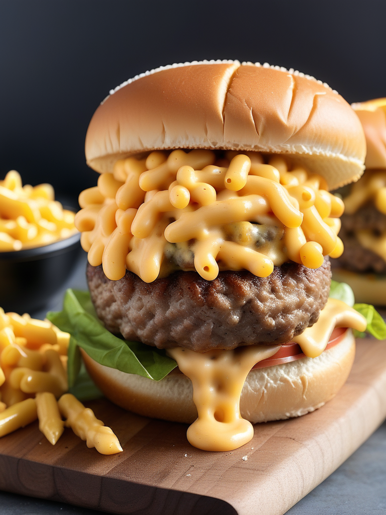 Deliciously Cheesy Macaroni and Beef Burger Stacked High with Flavor