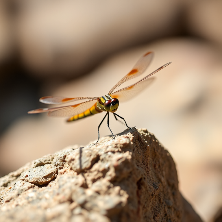 Capture a close-up of a dragonfly perched on a rock, using a DSLR ...