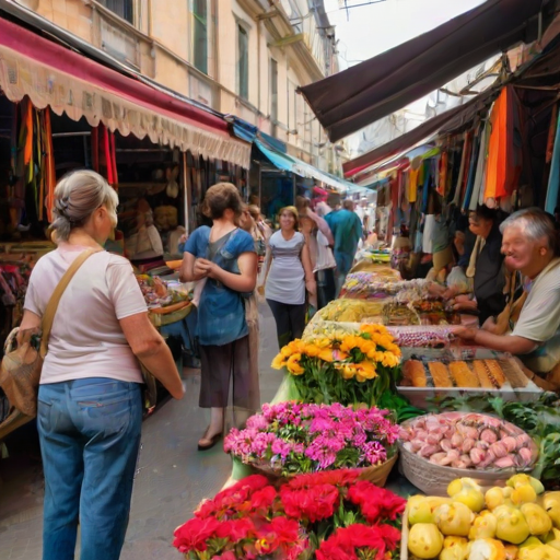 Vibrant Market Scene with Colorful Stalls and Happy Shoppers Exploring ...