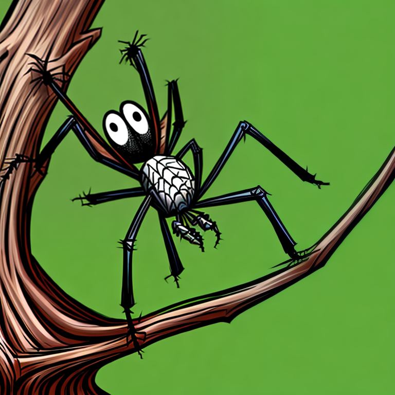 spider crawling up a tree, cartoon style