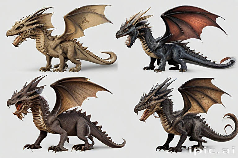 Four Distinct Dragon Figures Showcasing Unique Colors and Wing Designs