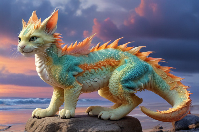 Whimsical Creature: A Colorful Dragon-Cat Hybrid Stands by the Ocean