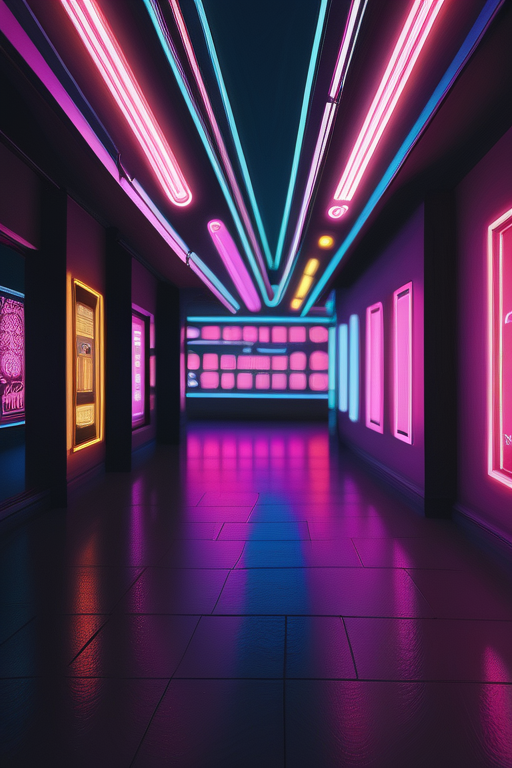 Vibrant Neon Corridor with Colorful Lights and Modern Art Displays