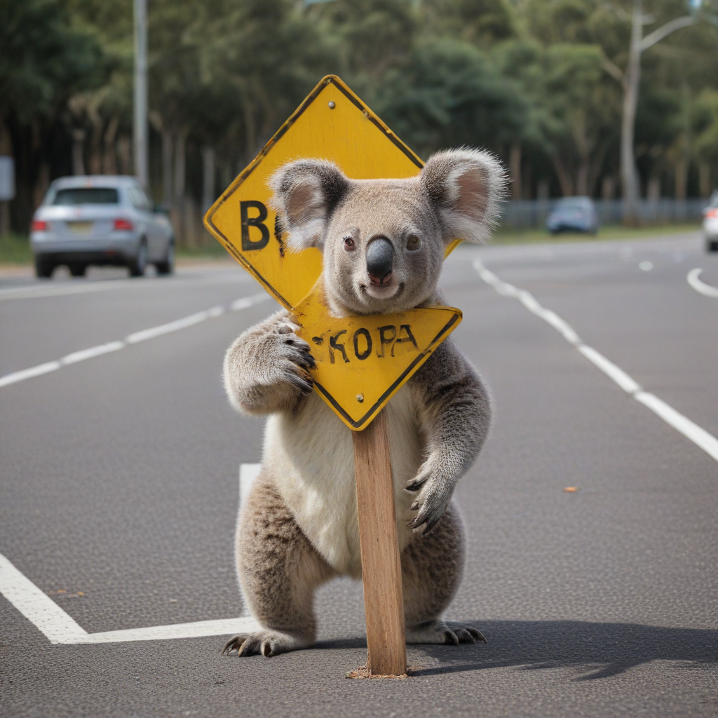 a koala crossing a busy road
