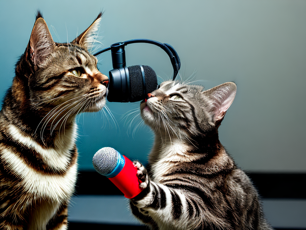 Cat singing into microphone, recording studio