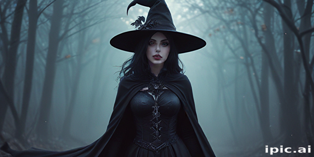Enchanting Witch in Dark Forest Wearing Elegant Cloak and Hat