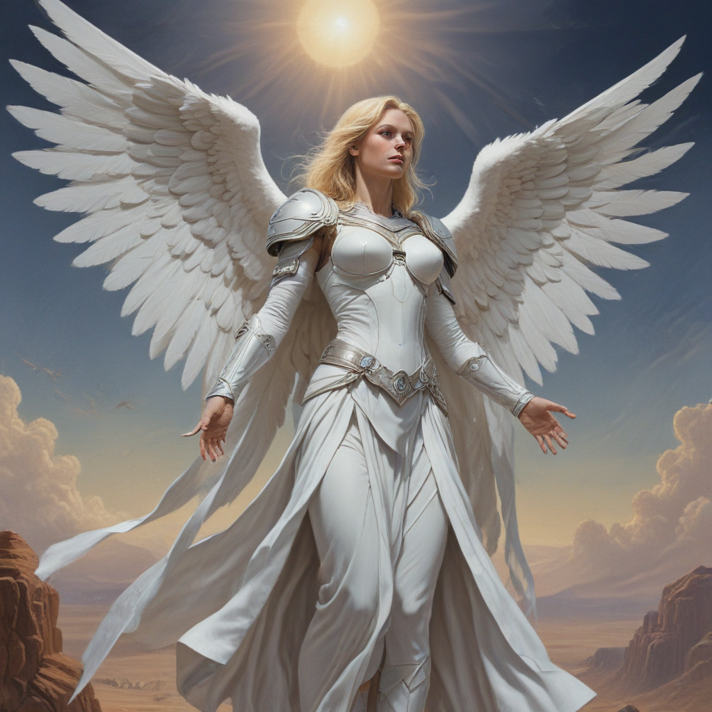 Realistic sci-fi painting of Serra angel