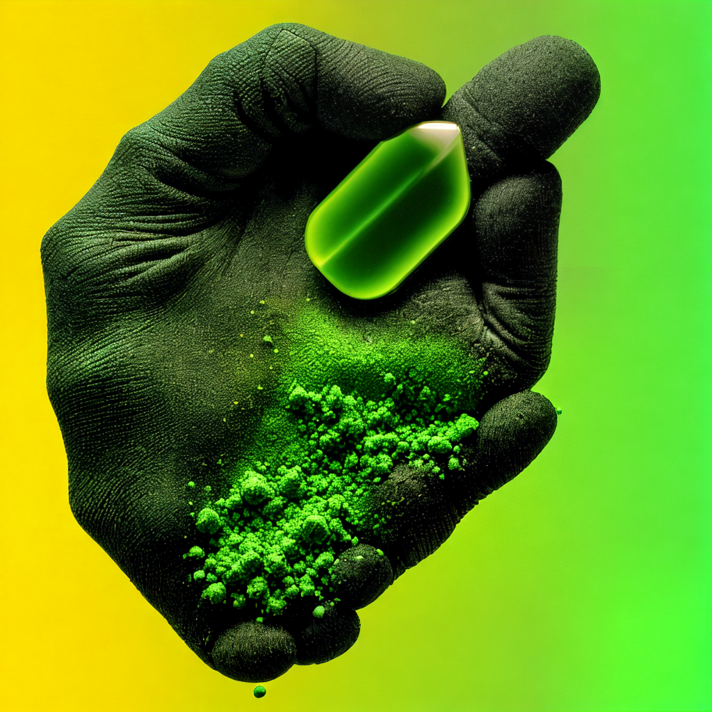 A piece of uranium in my hand with an acid green background color