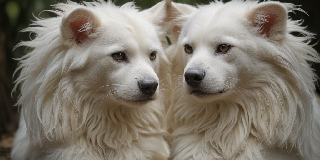 Two Fluffy White Dogs Gaze at Each Other in Nature's Embrace