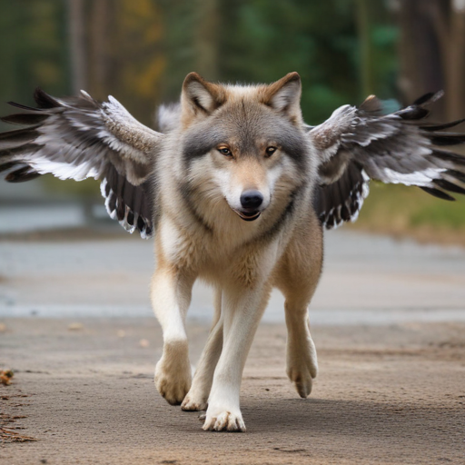 gray wolf with with wings flying