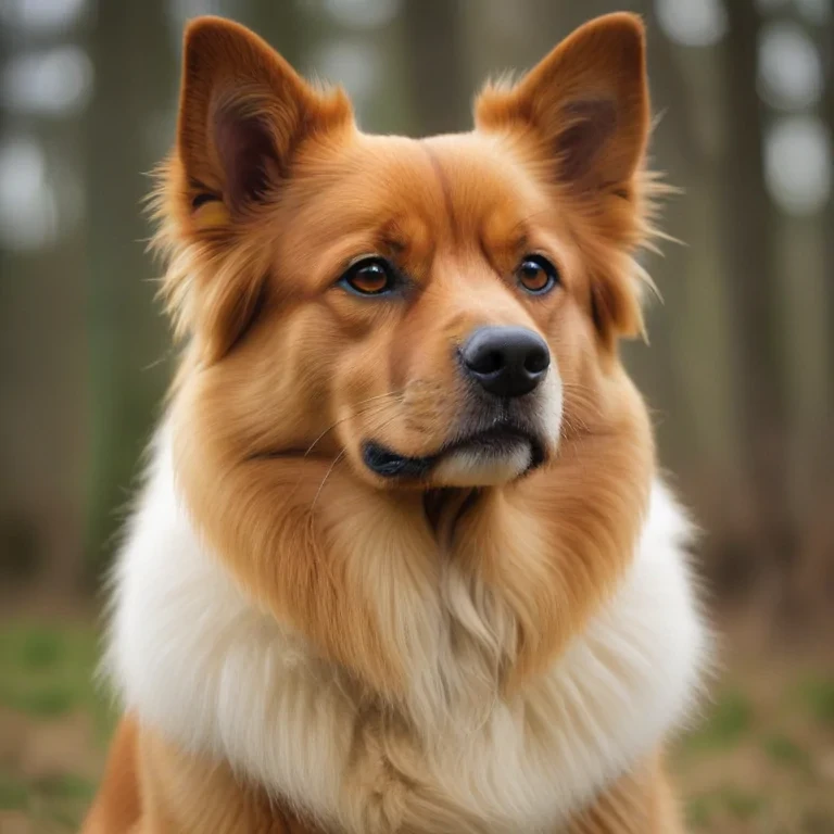 A Majestic Dog with Fluffy Fur Sitting Calmly in Nature's Beauty.