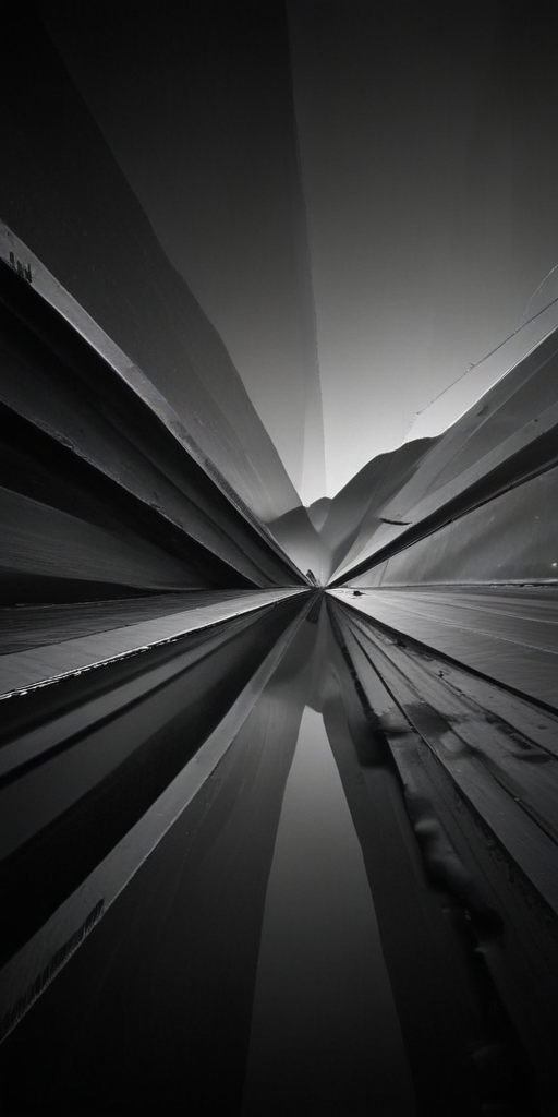 Abstract Monochrome Landscape with Geometric Lines and Reflective Surfaces
