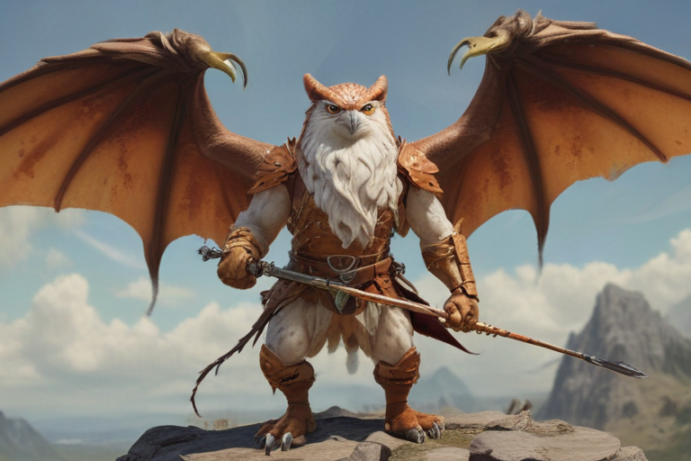 An owlin race character with his longbow and his dragon familiar