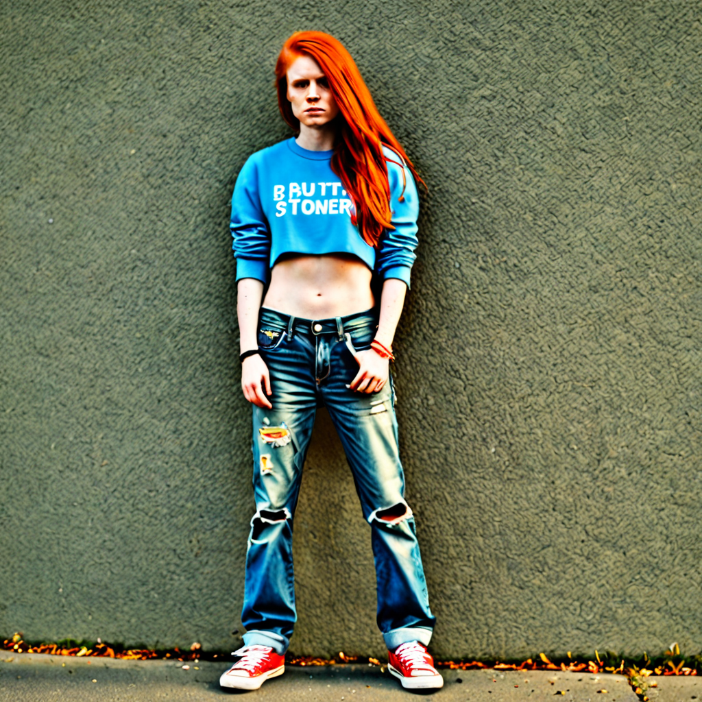 angry stoner emo ginger with flared, ripped jeans