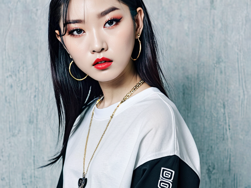 Asian girl, pale skin, kpop rapper, with attitude