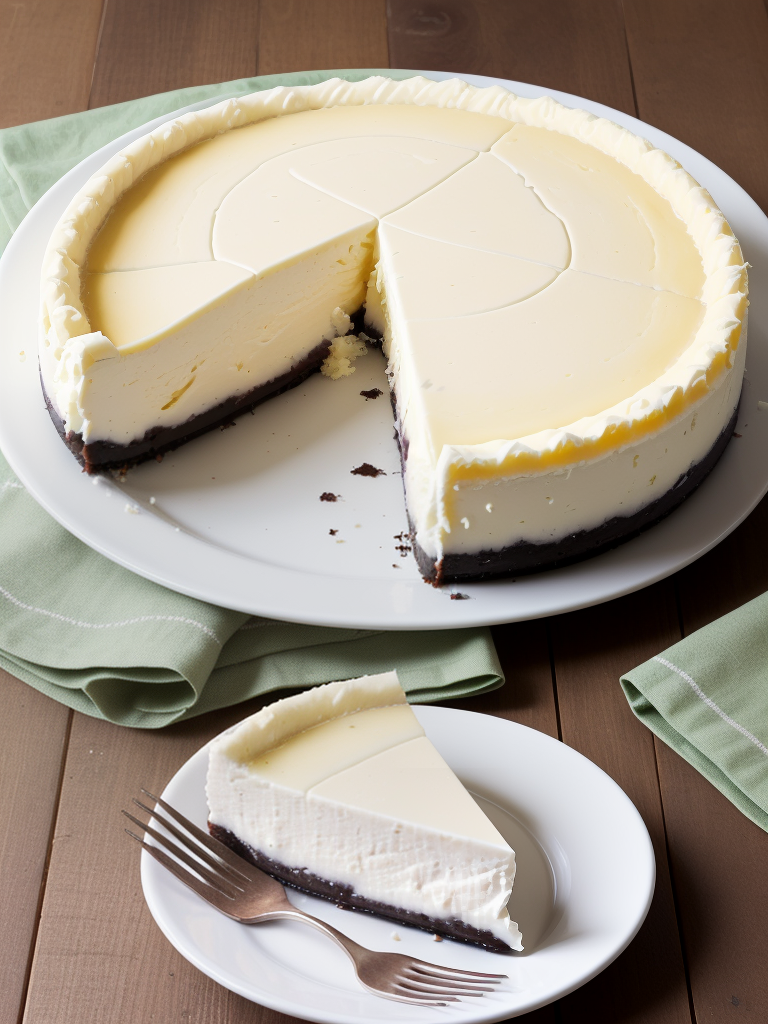 Deliciously Creamy Cheesecake on a Wooden Table with Sliced Piece