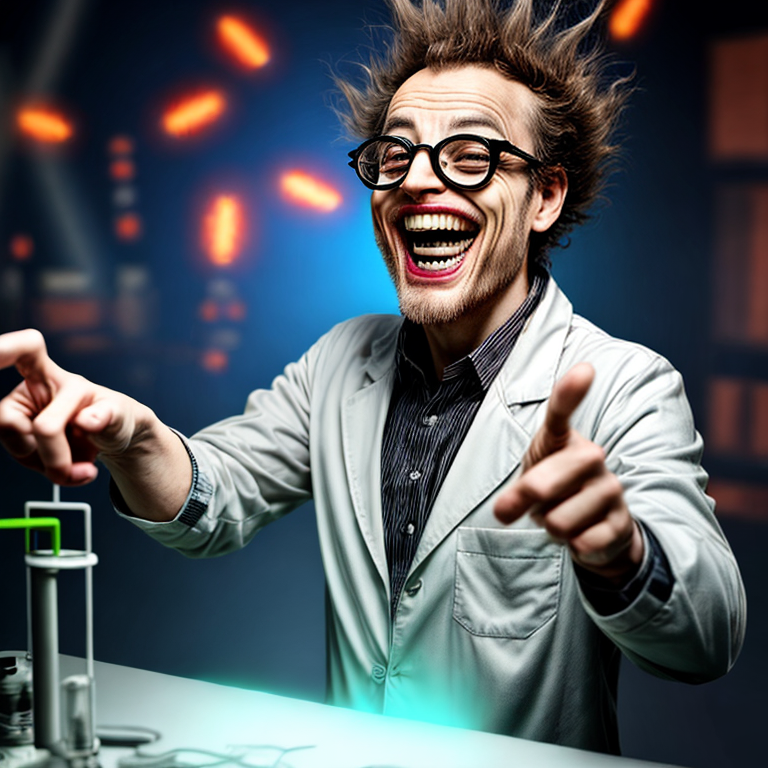 Mad scientist laughing, pointing at the screen and various options and ...