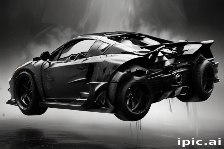 Futuristic Black Sports Car in Mid-Air with Dynamic Visual Effects