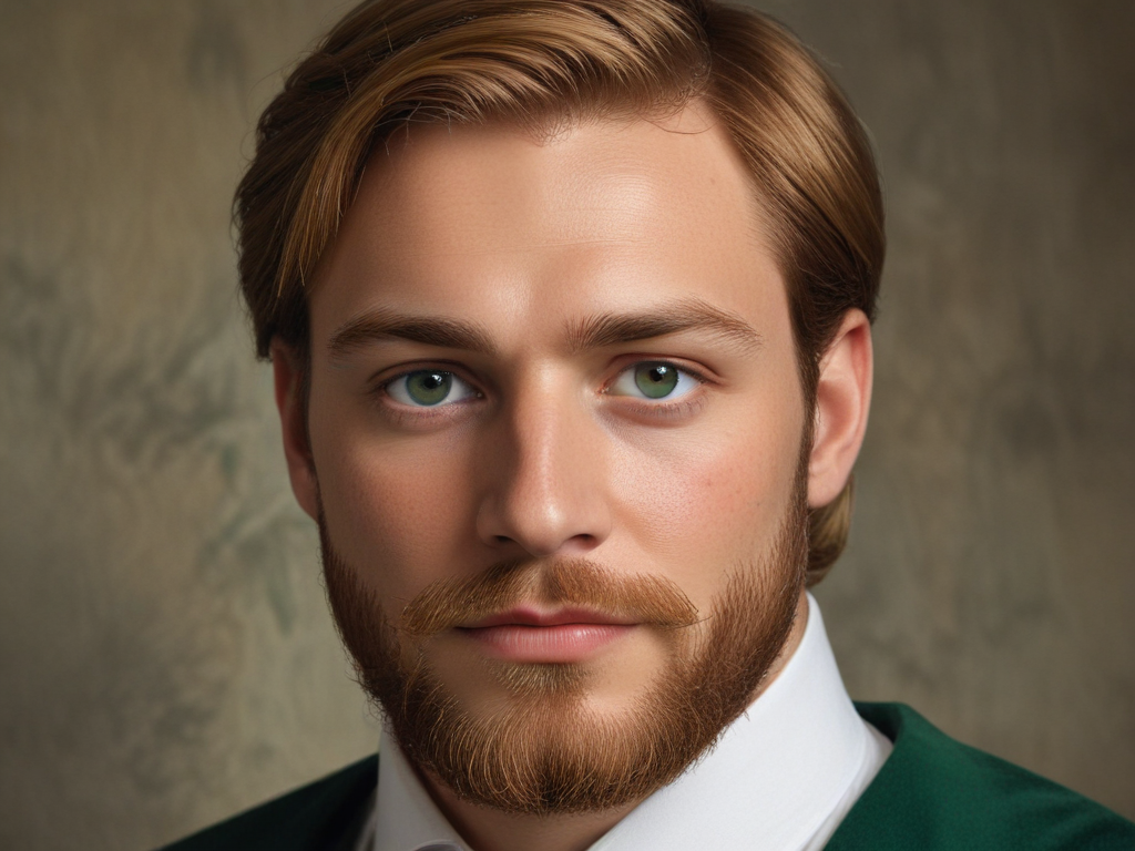 portrait of tudor era duke, blonde hair, green eyes, strong jawline, beard