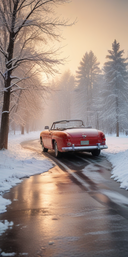 Classic Convertible Car Driving Through a Snowy Winter Wonderland at ...