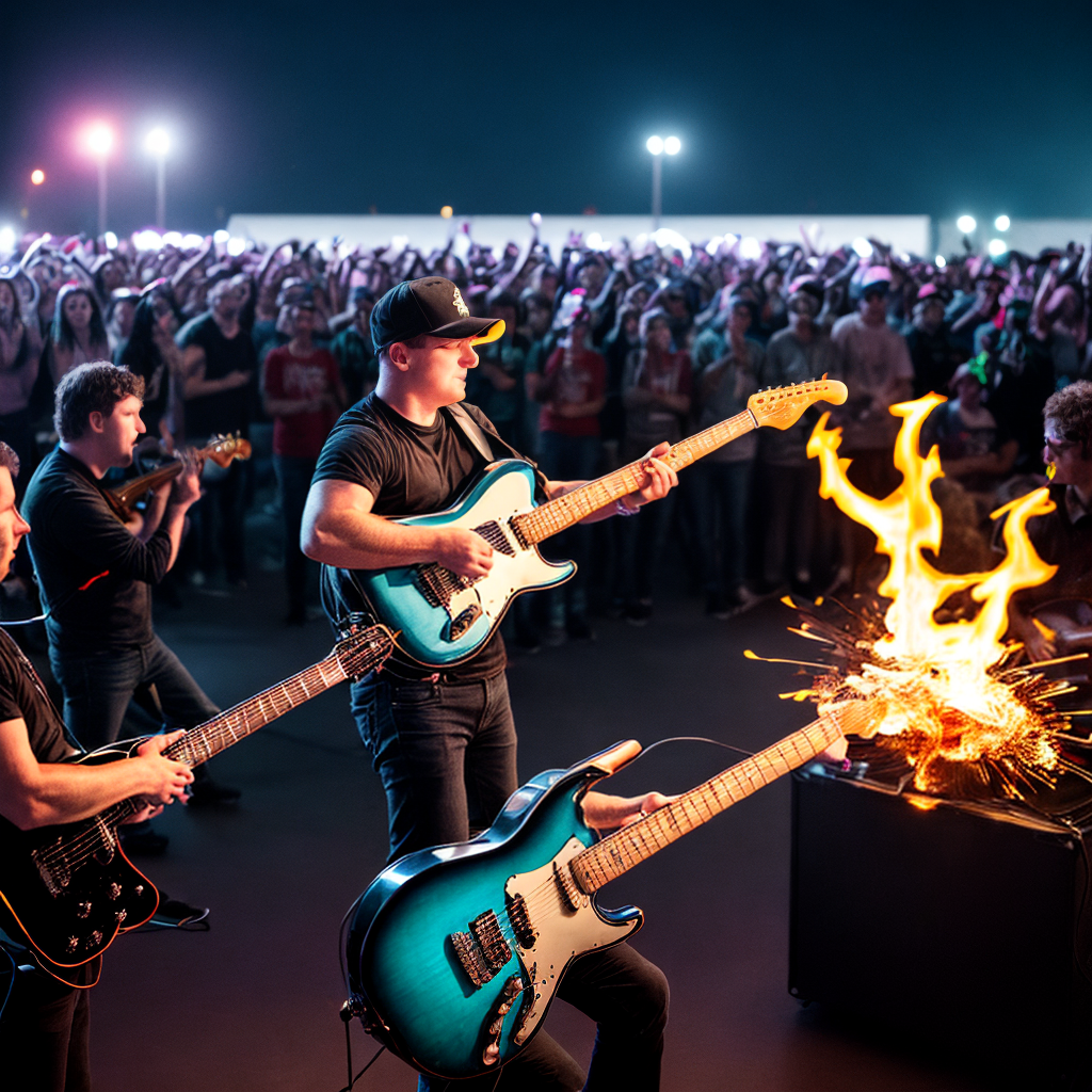 band playing music with flames in background