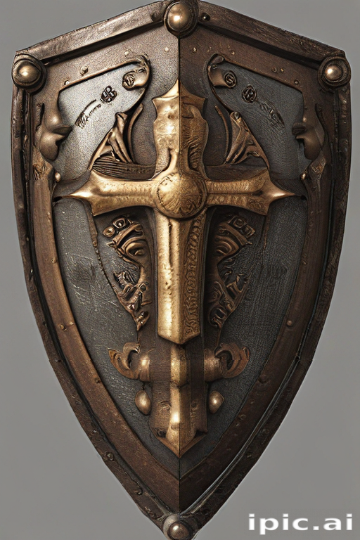 Intricately Designed Medieval Shield Featuring Cross and Ornate Decorations