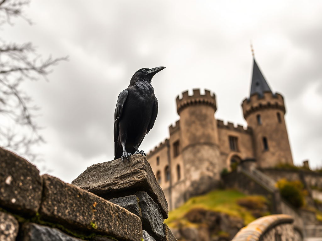 A Majestic Raven Perched on a Stone Wall Near an Ancient Castle