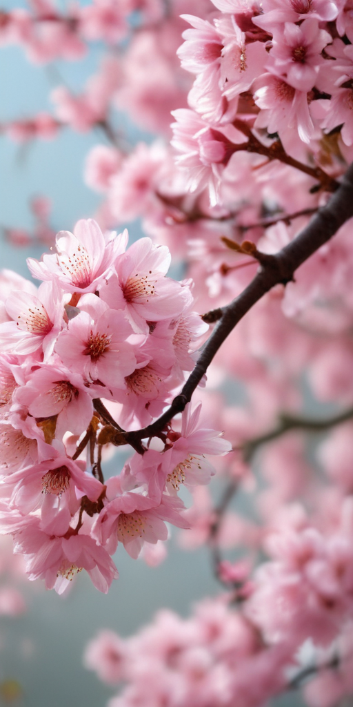 Delicate Cherry Blossom Branch Adorned with Vibrant Pink Flowers in Bloom
