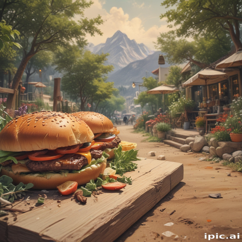 Delicious Gourmet Burgers on a Rustic Wooden Platter in Scenic Landscape