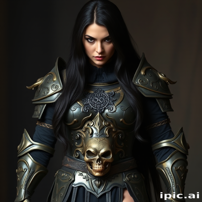 Powerful Warrior Woman in Intricate Armor with a Skull Embellishment