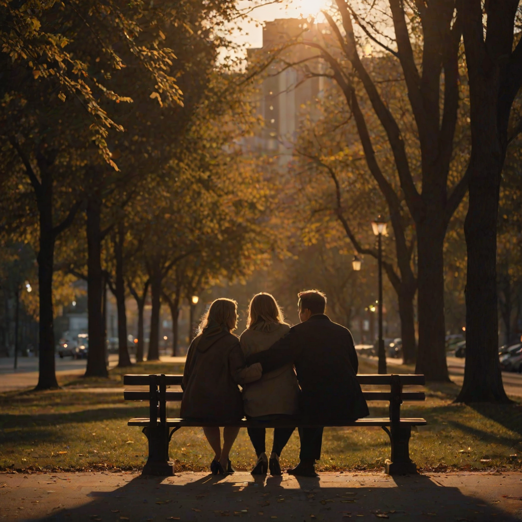 Three Friends Enjoying a Beautiful Sunset Together on a Park Bench