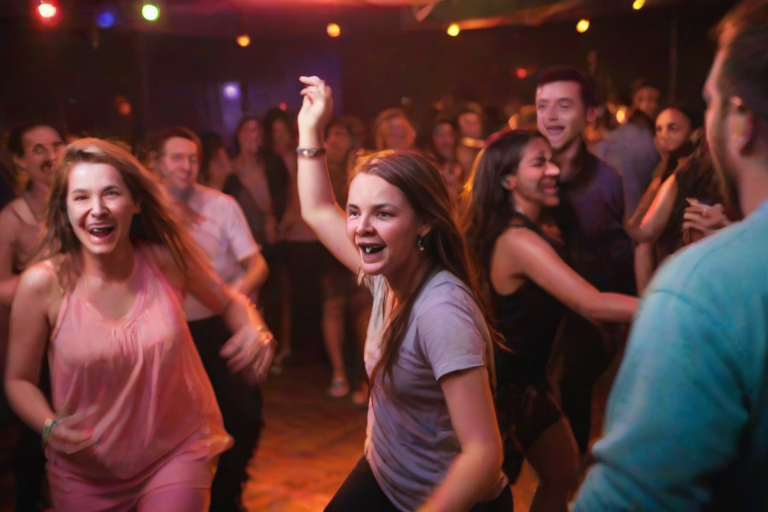 Joyful Crowd Dancing Together Under Colorful Lights at a Vibrant Party