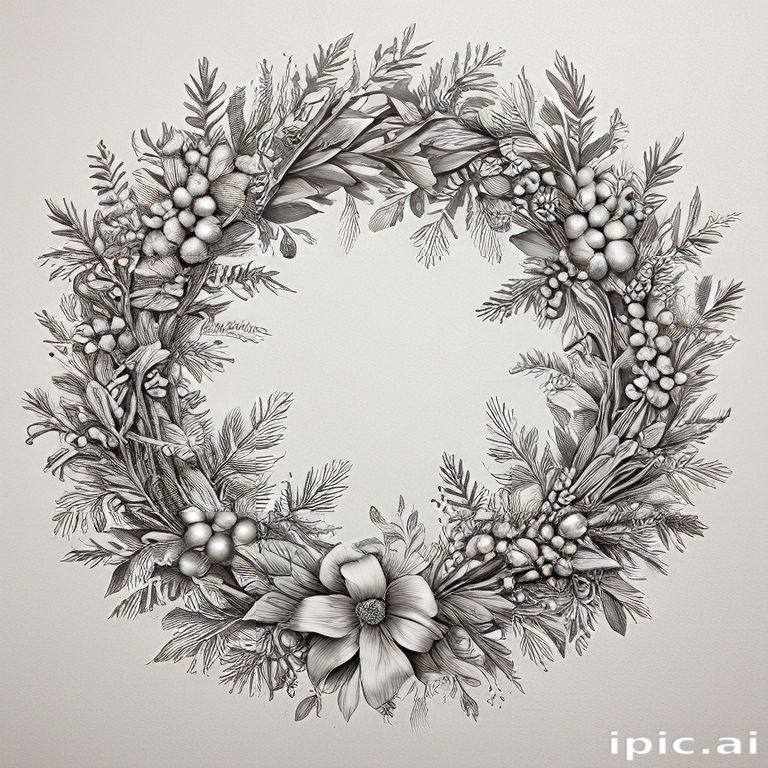 Intricate Hand-Drawn Floral Wreath Featuring a Variety of Nature's Elements