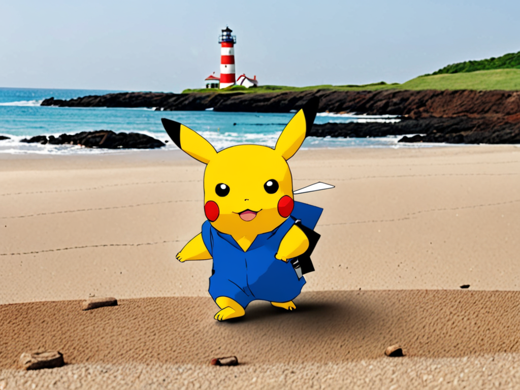 Pikachu walking on a rust game style beach with a lighthouse in the ...