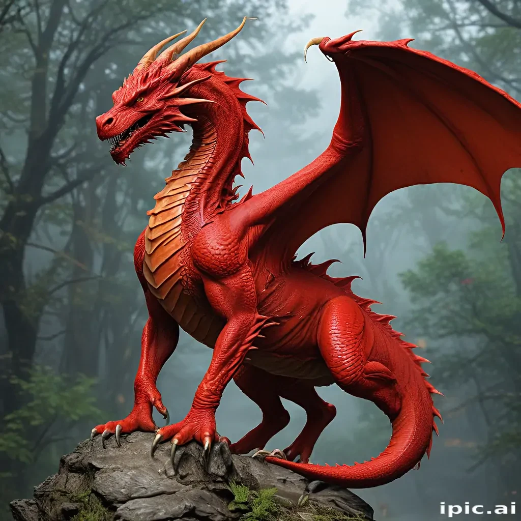 Majestic Red Dragon Standing Proudly on a Rocky Outcrop in Forest.