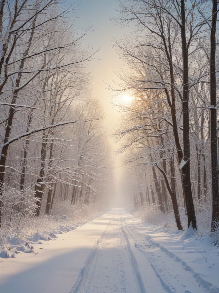 Tranquil Winter Pathway Illuminated by Soft Sunlight Through Snowy Trees