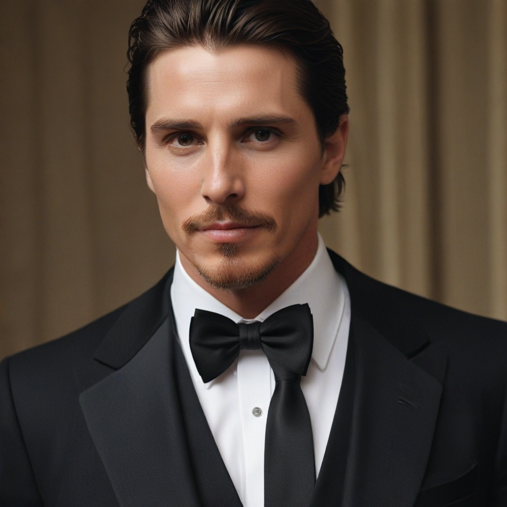 Christian Bale in tuxedo, muscle,