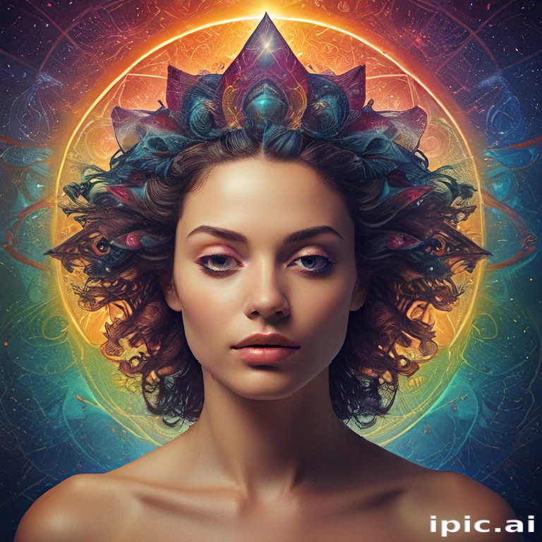 Radiant Woman Surrounded by Cosmic Patterns and Vibrant Colorful Energy