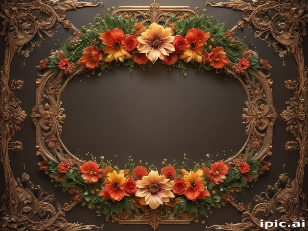 Elegant Floral Frame with Vibrant Flowers and Ornate Wooden Design