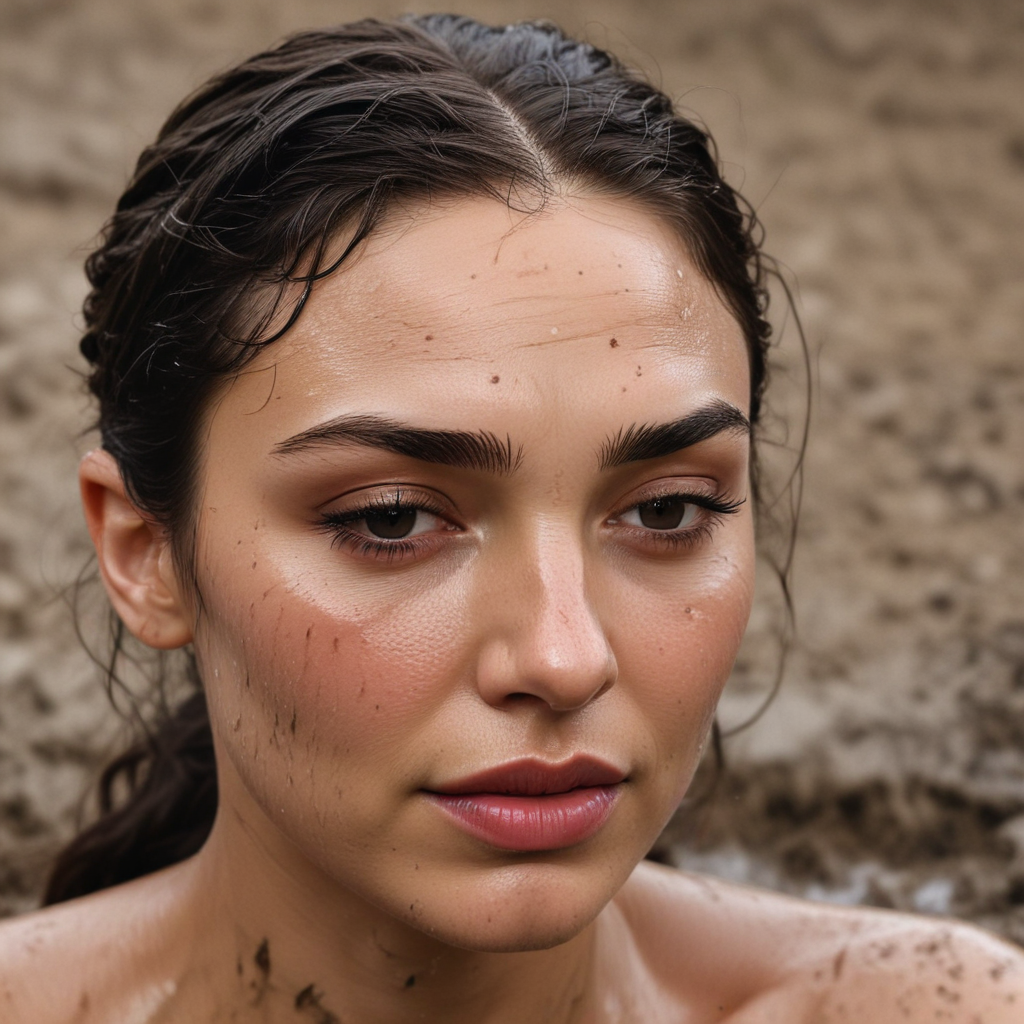 Gal gadot burried on mud. Wet face. Sleeping.