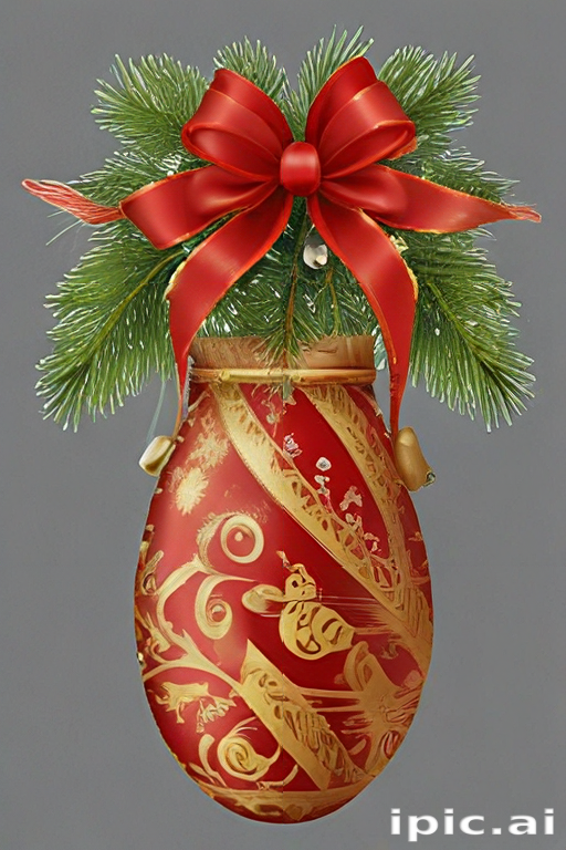 Festive Red Ornament with Golden Patterns and a Green Pine Sprig