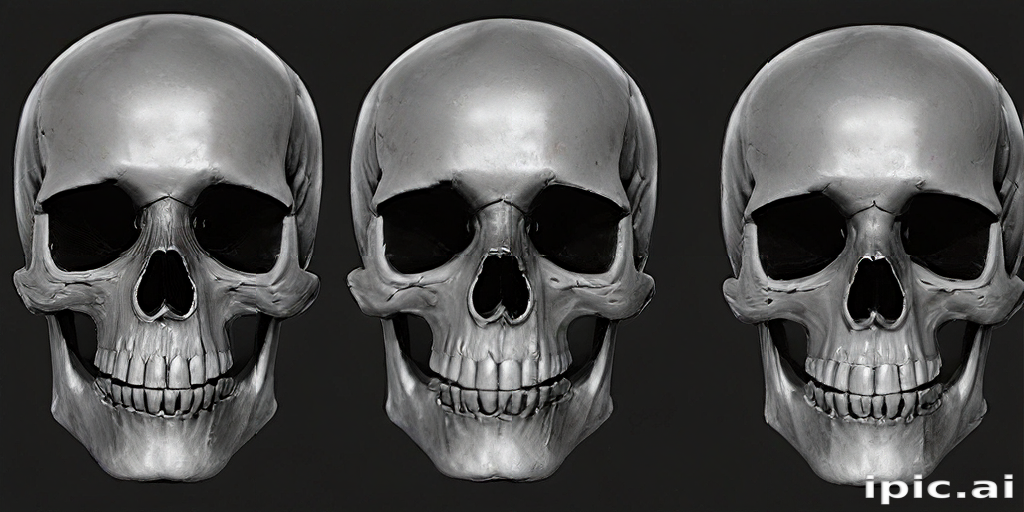 Three Detailed Renderings of Human Skulls Showcasing Different Angles ...