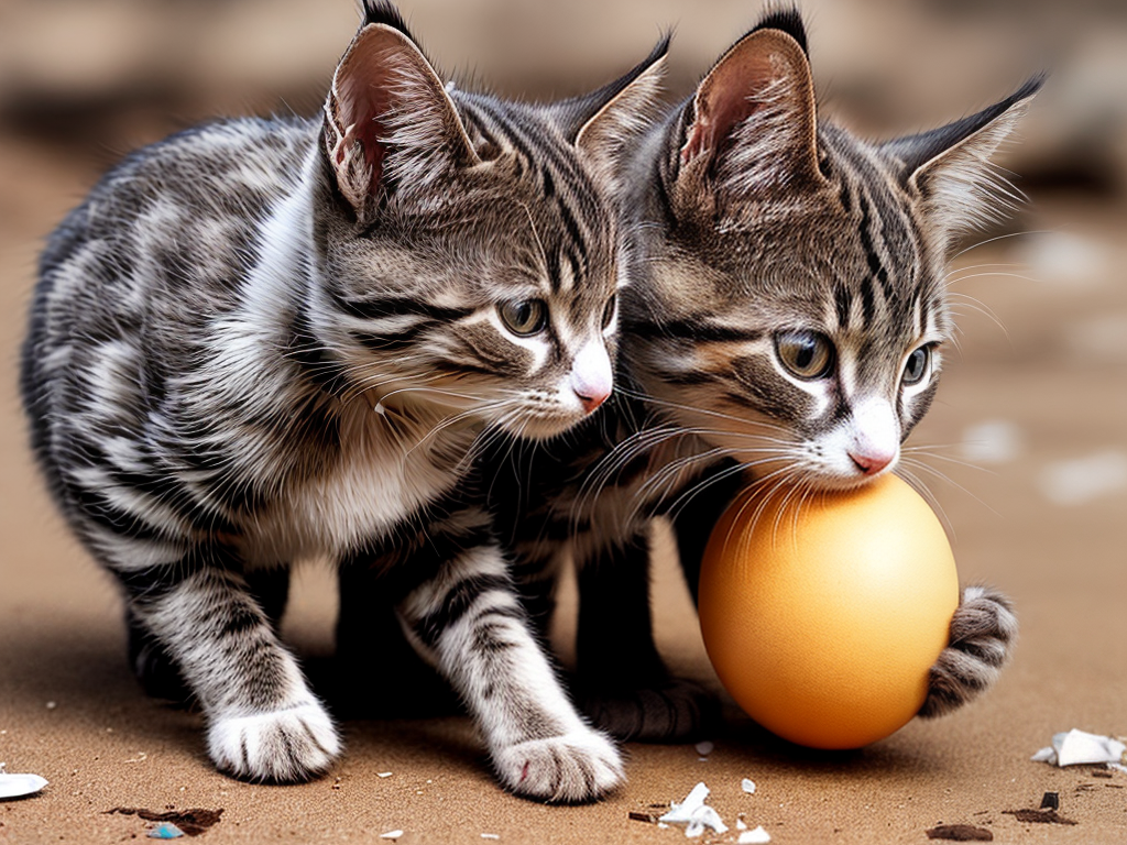 Generate a picture of a kittens crawling out of broken egg shells ...