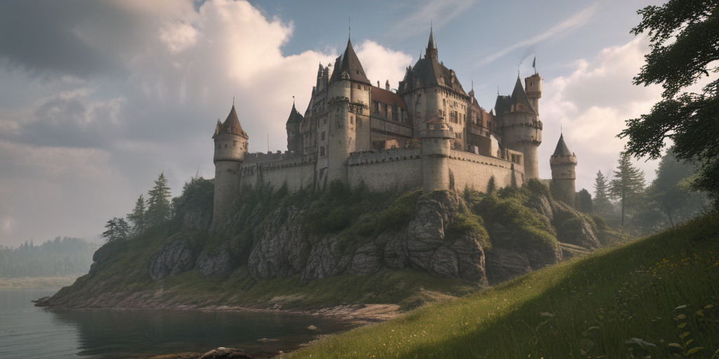 A Majestic Castle on a Rocky Outcrop Surrounded by Lush Greenery
