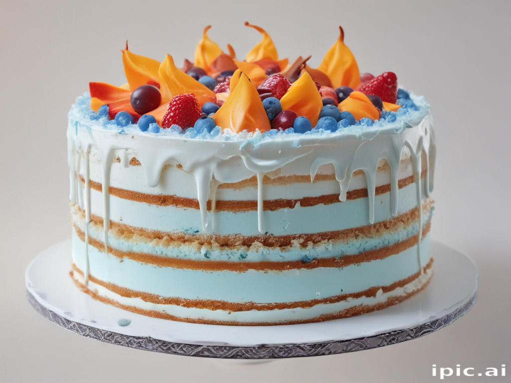 Deliciously Decorated Layer Cake Topped with Fresh Fruits and Cream Drizzle