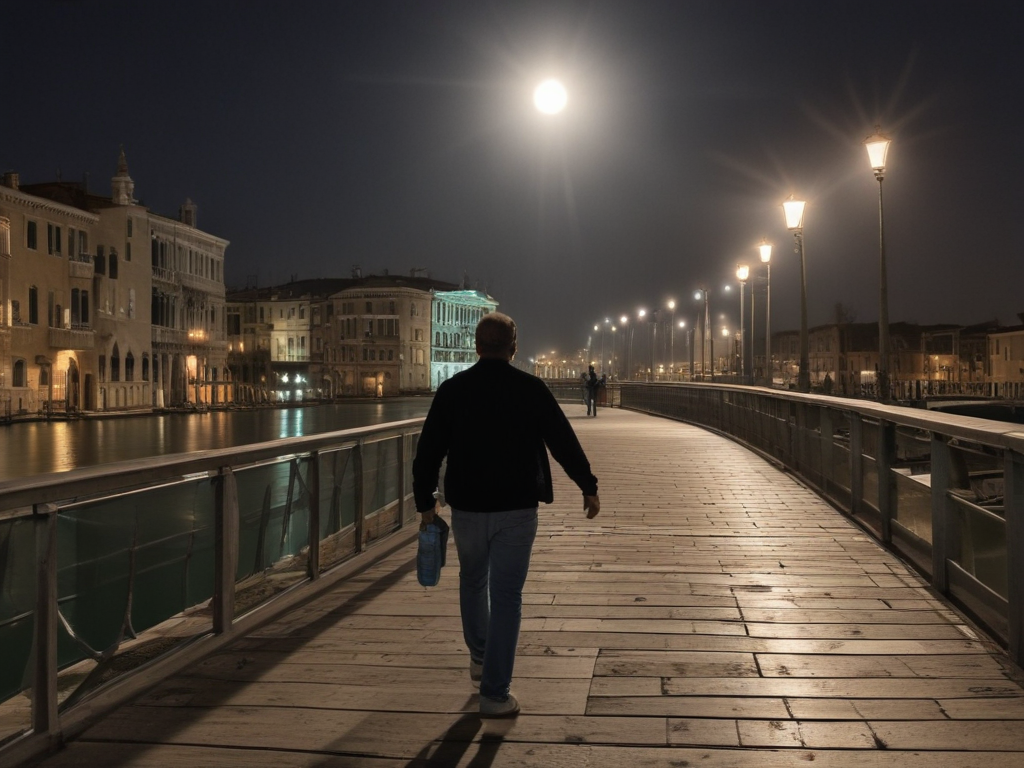 A walking air conditioner on a bridge in Venice during a full moon