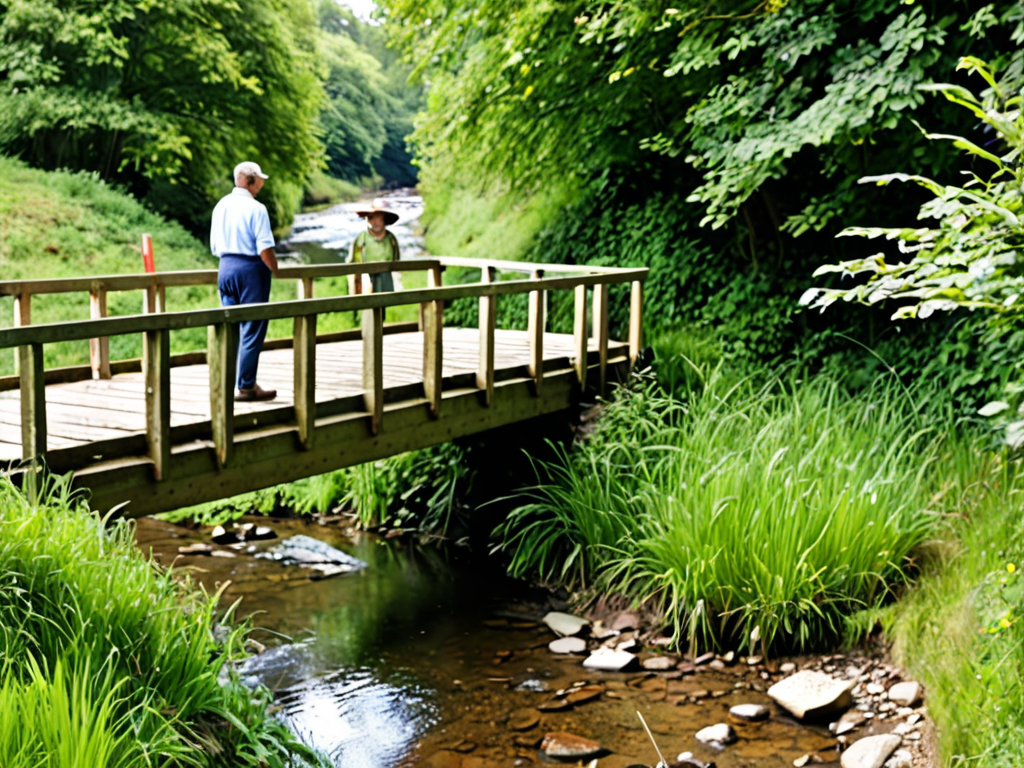 bridge overhanging a brook near university and hospital. farmer talking ...