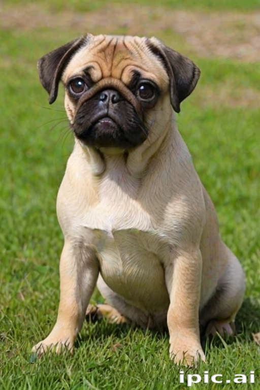 A Cute Pug Sitting on Green Grass with an Adorable Expression.