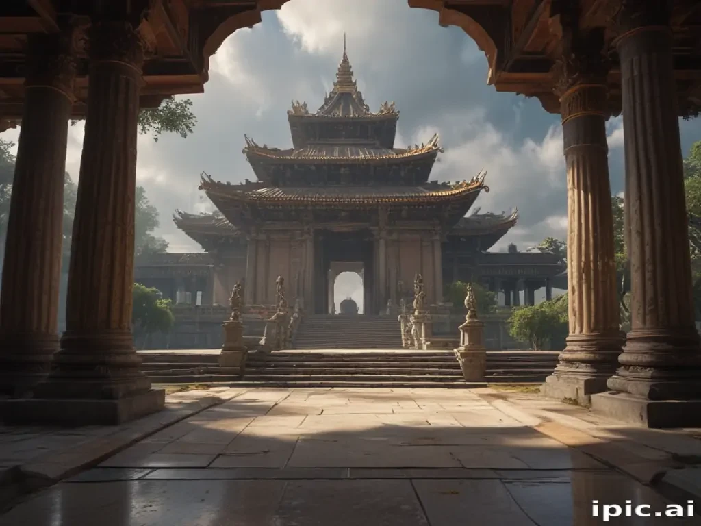 Majestic Ancient Temple Surrounded by Lush Greenery and Dramatic Skies